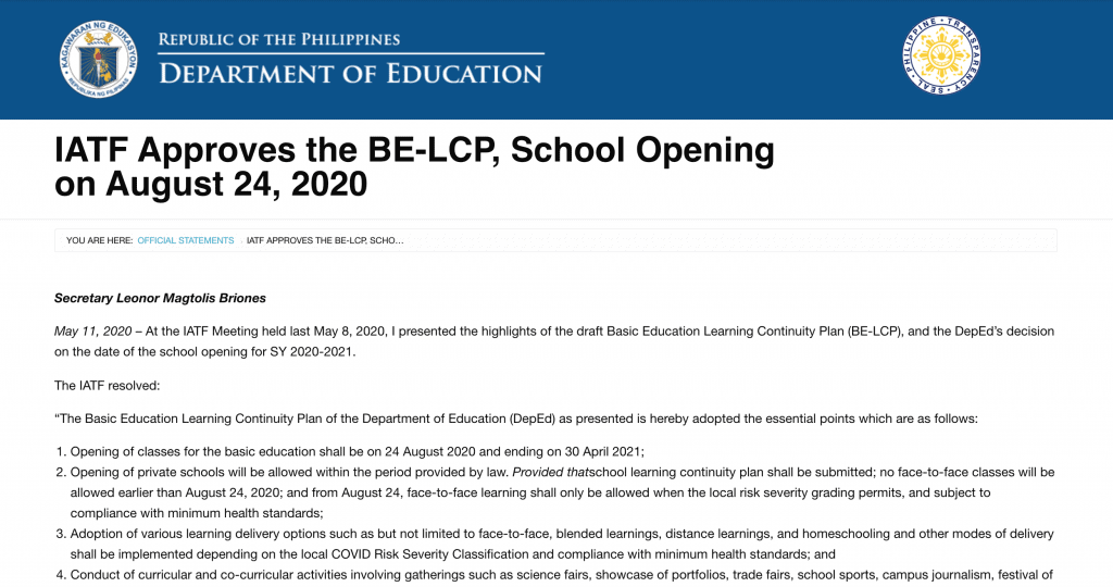 IATF Approves the BE-LCP, School Opening on August 24, 2020