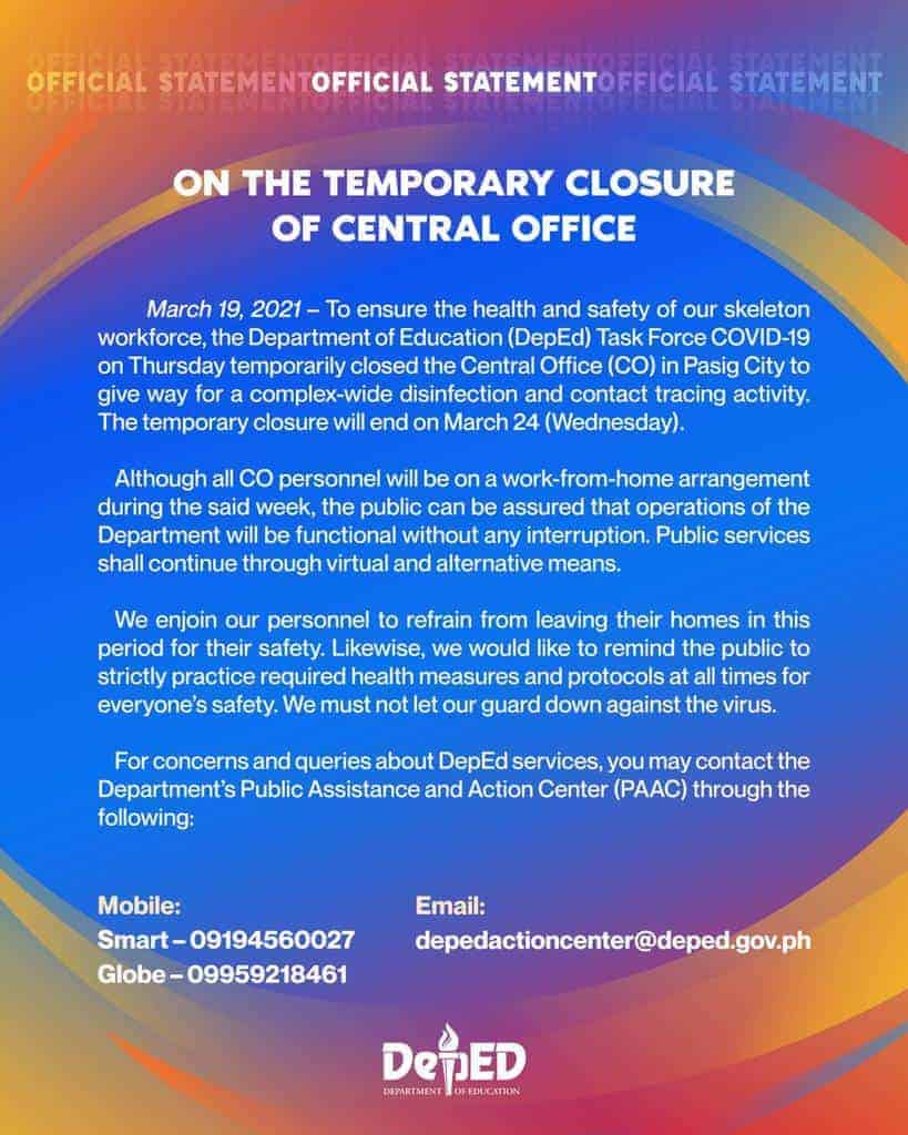 OFFICIAL STATEMENT: On the temporary closure of (DepEd) Central Office